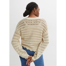 bonprix Damen Ajourstrickjacke, beige, Gr. 48, gemustert, unifarben, Strick, Obermaterial: 100% Baumwolle, Strickjacken, Oversize-Passform, mit