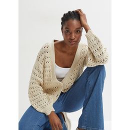bonprix Damen Ajourstrickjacke, beige, Gr. 44, gemustert, unifarben, Strick, Obermaterial: 100% Baumwolle, Strickjacken, Oversize-Passform, mit