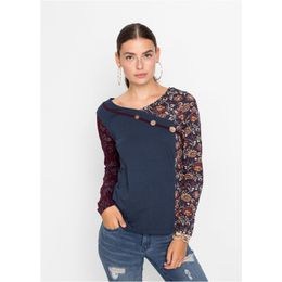 bonprix Damen Langarmshirt, blau, Gr. 48, bedruckt, unifarben mit Farbeins&auml;tzen, Jersey, Obermaterial: 50% Baumwolle, 50% Viskose, Shirts, Material-