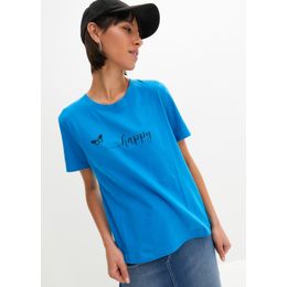 T-Shirt bonprix "T-Shirt aus reiner Baumwolle", Damen, Gr. 40/42 (M), s&uuml;dseeblau, Jersey, Obermaterial: 100% Baumwolle, unifarben, bequem h&uuml;ftlang, Rundhals, Shirts T-Shirt, bequeme Passform, Kurzarm, mit Rundhalsausschnitt