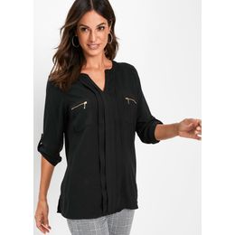 bonprix Damen Tunika, schwarz, Gr. 48, Obermaterial: 100% Viskose, Tuniken, figurumspielende Passform, mit langem Arm, mit eingelegten Falten