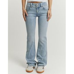 Bootcut-Jeans Tally Weijl "SPADECYNTIA", Damen, Gr. 42, N-Gr, bleach indigo wash, Denim/Jeans, Obermaterial: 92% Baumwolle, 6% Elastomultiester, 2% Elasthan, leichte Abriebeffekte, bootcut fit lang, Jeans, Baumwollmischung, Low Waist, mit doppeltem Knopf am breiten Bund