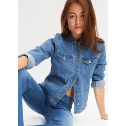 bonprix Damen Jeansjacke, blau, Gr. 36, Abriebeffekte, unifarben, Denim/Jeans, Obermaterial: 82% Baumwolle, 17% Polyester, 1% Elasthan, Jacken,