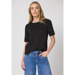 Rundhalsshirt Street One, Damen, Gr. 34, schwarz, Stoff, 48% Polyester, 48% Viskose, 4% Elasthan, unifarben, comfort fit normal, Rundhals, B&uuml;ndchen, Shirts Rundhalsshirt, mit Kontrastdetail