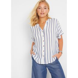 bonprix Damen Hemdbluse, blau, Gr. 52, gestreift, Web, Obermaterial: 100% Viskose, Blusen, mit schmalem Stehkragen und V-Ausschnitt
