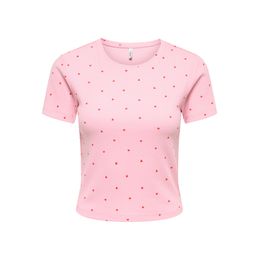 Kurzarmshirt Only "ONLFENJA LIFE SS AOP TOP JRS NOOS", Damen, Gr. M, romance rose aop:hearts, Jersey, Obermaterial: 95% Baumwolle, 5% Elasthan, bedruckt, regular fit normal, Rundhals, Shirts, Baumwollmischung, Cropped Fit, Rundhals