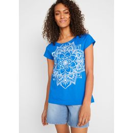 T-Shirt bonprix, Damen, Gr. 40/42 (M), azurblau graphisch bedruckt, Jersey, Obermaterial: 100% Baumwolle, bedruckt, unifarben, gerade Po-bedeckend, Rundhals, Shirts T-Shirt, gerade Passform, Kurzarm, mit dekorativem Druck, aus Baumwolle