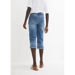 Caprijeans bonprix, Damen, Gr. 44, N-Gr, blau bleached, Denim/Jeans, Obermaterial: 82% Baumwolle, 17% Polyester, 1% Elasthan, slim fit, Jeans, Slim Fit Passform, Capri-L&auml;nge, mit Stickerei