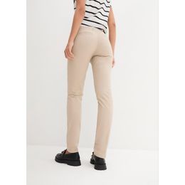 bonprix Damen Chinohosesand, Gr. 44, unifarben, washed, Twill, Obermaterial: 98% Baumwolle, 2% Elasthan, Hosen, schmale Form, mit Bundfalten und