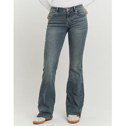 Bootcut-Jeans Tally Weijl "SPADESASSY2", Damen, Gr. 38, N-Gr, blau (medium indigowashusedeffects6), Denim/Jeans, Obermaterial: 90% Baumwolle, 8% Elastomultiester, 2% Elasthan, Abriebeffekte, bootcut fit lang, Jeans, Baumwollmischung, Low Waist