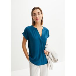 bonprix Damen Tunika, blau, Gr. 48, Obermaterial: 100% Viskose, Tuniken, eleganter Look, Kurzarm-Design, Regular Fit, mit Henley-Kragen