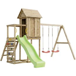 Spielturm Fungoo "MaxPlay 5", gr&uuml;n, Spielt&uuml;rme, KinderB:368cm H:262cm T:370cm, FSC-zertifizierter Massivholz, Metall, Polyethylen, mit Spielhaus, Rutsche, Doppelschaukel, Kletterwand, B:368cm H:262cm T:370cm