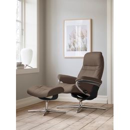 Fu&szlig;hocker stressless "Sunrise", braun (mole batick), B:57cm H:42cm T:40cm, Leder BATICK: BATICK ist ein leicht korrigiertes, durchgef&auml;rbtes und genarbtes M&ouml;belleder, bei dem die meisten Unebenheiten und Spuren in der Regel entfernt wurden., Hocker, Fu&szlig;hocker, mit Cross Base, Gr&ouml;&szlig;e S, M & L, Holzakzent Schwarz