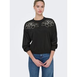 Sweatshirt Only "ONLBROOKE L/S O-NECK DETAIL SWT NOOS", Damen, Gr. M, schwarz (schwarz detail:ecru draw flower), Sweatware, Obermaterial: 60% Baumwolle, 40% Polyester, regular fit normal, Rundhals, Rippb&uuml;ndchen, Sweatshirts Sweatshirt