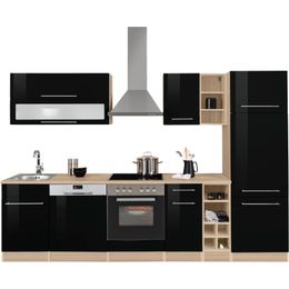 K&uuml;chenzeile KOCHSTATION "KS-Eton", schwarz (k&uuml;che: schwarz, korpus: eichefarben, arbeitsplatte: eichefarben), B:300cm T:60cm, Komplettk&uuml;chen-Sets, K&uuml;chenzeile, ohne E-Ger&auml;te, Breite 300 cm