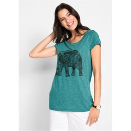 T-Shirt bonprix, Damen, Gr. 44/46 (L), blau (kobaltt&uuml;rkis, schwarz), Obermaterial: 100% Baumwolle, regular fit, Rundhals, Shirts T-Shirt, Regular Fit, Kurzarm, mit Frontprint, Rundhalsausschnitt