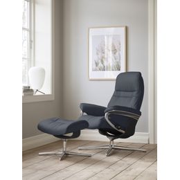 Relaxsessel stressless "Sunrise", blau (atlantic blau batick), B:79cm H:103cm T:73cm, Leder BATICK: BATICK ist ein leicht korrigiertes, durchgef&auml;rbtes und genarbtes M&ouml;belleder, bei dem die meisten Unebenheiten und Spuren in der Regel entfernt wurden., Sessel, Relaxsessel, mit Hocker, mit Cross Base, Gr&ouml;&szlig;e S, M & L, Holzakzent Schwarz