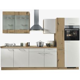K&uuml;chenzeile KOCHSTATION "KS-Trea", wahlweise mit E-Ger&auml;ten, h&ouml;henverstellbare F&uuml;&szlig;e", wei&szlig; (k&uuml;che: natur, korpus: asteiche nachbildung, arbeitsplatte: asteiche nachbildung), B:310cm T:60cm, Komplettk&uuml;chen-Sets, K&uuml;chenzeile, vormontiert, mit Vollauszug und Soft-Close-Funktion, Breite 310 cm