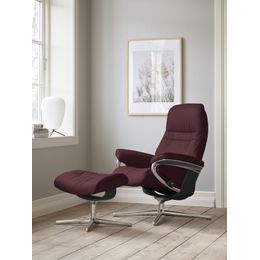 Relaxsessel stressless "Sunrise", rot (bordeaux batick), B:83cm H:105cm T:74cm, Leder BATICK: BATICK ist ein leicht korrigiertes, durchgef&auml;rbtes und genarbtes M&ouml;belleder, bei dem die meisten Unebenheiten und Spuren in der Regel entfernt wurden., Sessel, Relaxsessel, mit Hocker, mit Cross Base, Gr&ouml;&szlig;e S, M & L, Holzakzent Schwarz
