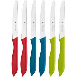 Besteck-Set WMF "Vespermesser, Klinge mit Wellenschliff aus Spezialklingenstahl", bunt (rot, blau, gr&uuml;n), 6 tlg., Klingenstahl, Essbesteck-Sets, Brotmesser, ideal f&uuml;r Brotzeit, multifunktional sp&uuml;lmaschinengeeignet