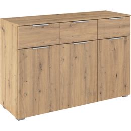 Kombikommode Rauch "Sideboard Schubladenkommode CORTONA mit Dekor-Front", eiche artisan, B:120cm H:81cm T:42cm, Holzwerkstoff, Sideboards, Kombikommode, mit 3 Schubladen und 3 verstellbaren Einlegeboden MADE IN GERMANY
