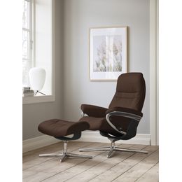 Relaxsessel stressless "Sunrise", braun (malt braun batick), B:79cm H:103cm T:73cm, Leder BATICK: BATICK ist ein leicht korrigiertes, durchgef&auml;rbtes und genarbtes M&ouml;belleder, bei dem die meisten Unebenheiten und Spuren in der Regel entfernt wurden., Sessel, Relaxsessel, mit Hocker, mit Cross Base, Gr&ouml;&szlig;e S, M & L, Holzakzent Schwarz