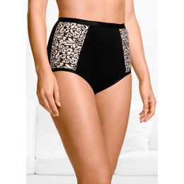 High-Waist-Slip bonprix, Damen, Gr. 40/42 (M), 4 Stk., schwarz, perlbeige, Jersey, Obermaterial: 95% Baumwolle, 5% Elasthan, unifarben mit Farbeins&auml;tzen, figurbetont, Unterhosen, bequemer Schnitt, erh&ouml;hter Bund, bedruckte seitliche Eins&auml;tze
