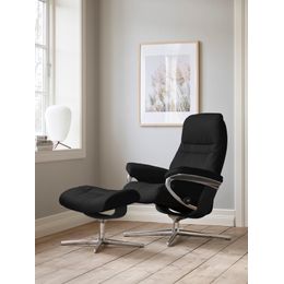 Relaxsessel stressless "Sunrise", schwarz (schwarz batick), B:83cm H:105cm T:74cm, Leder BATICK: BATICK ist ein leicht korrigiertes, durchgef&auml;rbtes und genarbtes M&ouml;belleder, bei dem die meisten Unebenheiten und Spuren in der Regel entfernt wurden., Sessel, Relaxsessel, mit Hocker, mit Cross Base, Gr&ouml;&szlig;e S, M & L, Holzakzent Schwarz