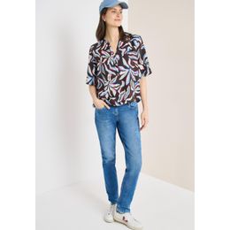Kurzarmbluse Cecil, Damen, Gr. XL (44), macchiato braun, Stoff, 100% Viskose, gemustert, klassisch normal, Rundhals, normaler Saum, Blusen, mit geschlitztem Rundhalsausschnitt mit B&auml;ndchen