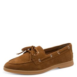 Slipper Marco Tozzi, Damen, Gr. 38, cognac, Veloursleder, unifarben, Schuhe Slipper, Halbschuh, Bootsschuh, mit modischen Durchz&uuml;gen