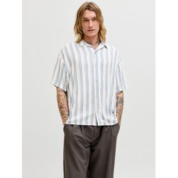 Jack & Jones Kurzarmhemd JACK & JONES "JJEJEFF RESORT STRIPE SHIRT S/S SN", Herren, Gr. M, N-Gr, celestial blau, Web, Obermaterial: 100% Viskose, gestreift, normal, V-Ausschnitt, Hemden, Viskose, loose fit