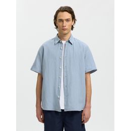 Langarmhemd Selected "SLHREGCLAY LINENBLEND SS SHIRT CLA NOOS", Herren, Gr. XL, N-Gr, dusty blau stripes:wei&szlig;, Web, Obermaterial: 55% Leinen, 45% Baumwolle, gestreift, regular fit, Hemden