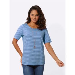 Kurzarmshirt Casual Looks "Ringelshirt", Damen, Gr. 38, blau (mittelblau, ecru, geringelt), 100% Baumwolle, gemustert, mehrfarbig, Rundhals, Shirts