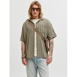 Jack & Jones Kurzarmhemd JACK & JONES "JJEBRADLEY STRIPED RESORT SHIRT SS LN", Herren, Gr. M, N-Gr, gr&uuml;n (vetiver), Web, Obermaterial: 100% Baumwolle, gestreift, loose fit normal, V-Ausschnitt, Hemden, Baumwolle, loose fit