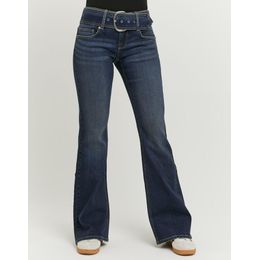 Bootcut-Jeans Tally Weijl "SPADECINTY", Damen, Gr. 40, N-Gr, midschwarz indigowash dirtybeige, Denim/Jeans, Obermaterial: 92% Baumwolle, 6% Elastomultiester, 2% Elasthan, Abriebeffekte, bootcut fit lang, Jeans, Baumwollmischung, Mid Waist mit Bootcut und G&uuml;rtel