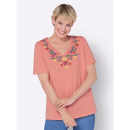 V-Shirt Classic Basics "Kurzarm-Shirt", Damen, Gr. 38, rosa (flamingo), 100% Baumwolle, gebl&uuml;mt, gemustert, mehrfarbig, V-Ausschnitt, Shirts