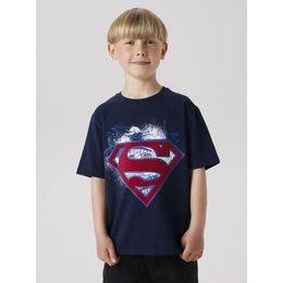 T-Shirt name it "NKMJAGS SUPERMAN NREG SS TOP WAB", Jungen, Gr. 158/164, blau (navy blazer), Jersey, Obermaterial: 95% Baumwolle, 5% Elasthan, bedruckt, relaxed fit normal, Rundhals, Shirts T-Shirt