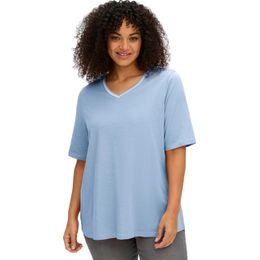 sheego Damen V-Shirt mit Glitzergarn-Streifen eisblau Gr&ouml;&szlig;e 40/42