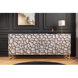 Riess Ambiente Massivholz Sideboard VULCANO 180cm wei&szlig; schwarz Mangoholz mit 3D Schnitzereien handmade Metallgestell gold Riess-Ambiente Asiatisch Modern Natur