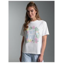T-Shirt TRIGEMA "TRIGEMA T Shirt mit Printmotiv "Summer", Damen, Gr. L, wei&szlig;, Single Jersey, 100% Baumwolle, Rundhals, Shirts T-Shirt