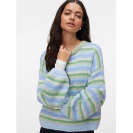 V&eacute;ro Moda Strickpullover VERO MODA "VMMAYBE STRIPE LS O-NECK PULLOVER NOOS", Damen, Gr. L, fog gr&uuml;n stripes:with misteltoe, cashmere blau, brunnera blau, birch, Strick, Obermaterial: 100% Polyester, geringelt, gestreift, loose fit normal, Rundhals, weit Strickb&uuml;ndchen, Pullover Strickpullover, Kunstfaser, loose fit