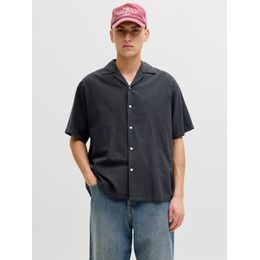 Jack & Jones Kurzarmhemd JACK & JONES "JJEBREEZE LINEN BLEND RESORT SHIRT SS SN", Herren, Gr. M, N-Gr, schwarz, Web, Obermaterial: 70% Baumwolle, 30% Leinen, unifarben, normal, Hemden, mit Knopfleiste