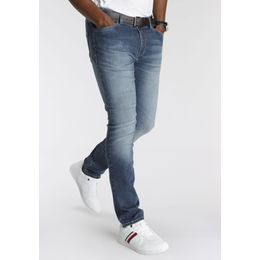 Stretch-Jeans DELMAO "Reed", Herren, Gr. 32, L&auml;nge 32, blau (blau used), Obermaterial: 82% Baumwolle, 16% Polyester, 2% Elasthan, Basic, normal lang, Jeans, gerader Beinschnitt, Used-Look-Waschung, niedrige Leibh&ouml;he