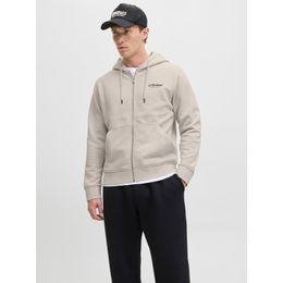 Jack & Jones Kapuzensweatshirt JACK & JONES "JJESOHO SWEAT ZIP HOOD NOOS", Herren, Gr. S, moonbeam, angeraute Sweatware, Obermaterial: 80% Baumwolle, 20% Polyester, bedruckt, relaxed fit, ohne Ausschnitt, Rippb&uuml;ndchen, Sweatshirts