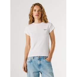 T-Shirt Pepe Jeans "MERIDA", Damen, Gr. L, wei&szlig;, Feinripp, Obermaterial: 95% Baumwolle, 5% Elasthan, bestickt, unifarben, h&uuml;ftlang, Rundhals, abgesteppte Kante, Shirts T-Shirt, aus elastischem Rippstoff, Rundhalsform