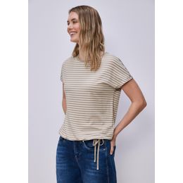Rundhalsshirt Street One, Damen, Gr. 34, timeless beige, Stoff, 95% Viskose, 5% Elasthan, gestreift, normal normal, Rundhals, abgesteppt, Shirts Rundhalsshirt, Rundhalsausschnitt