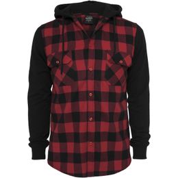 Langarm-Poloshirt Urban Classics "Urban Classics Herren Hooded Checked Flanell Sweat Sleeve Shirt", Herren, Gr. L, blk, rot, bl, 100% Baumwolle, kariert, normal, ohne Ausschnitt, Shirts