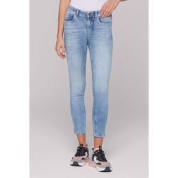 Slim-fit-Jeans SOCCX, Damen, Gr. 28, Normalgr&ouml;&szlig;en, blau, Denim/Jeans, Material: 92% Baumwolle, 6% Elastomultiester, 2% Elasthan, Zusatz: Enth&auml;lt nichttextile Teile tierischen Ursprungs (Badge), Abriebeffekte, slim fit, Jeans Slim-fit-Jeans, mit normaler Leibh&ouml;he