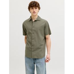 Jack & Jones Kurzarmhemd JACK & JONES "JJESUMMER LINEN BLEND SHIRT S/S SN", Herren, Gr. M, N-Gr, dusty olive, Web, Obermaterial: 70% Baumwolle, 30% Leinen, unifarben, normal normal, Hemden, Baumwolle mit Leinen, regular fit