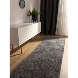 benuta Basic Waschbarer Hochflor Shaggyteppich Soho Grau 80x250 cm - Bettvorleger f&uuml;r Schlafzimmer